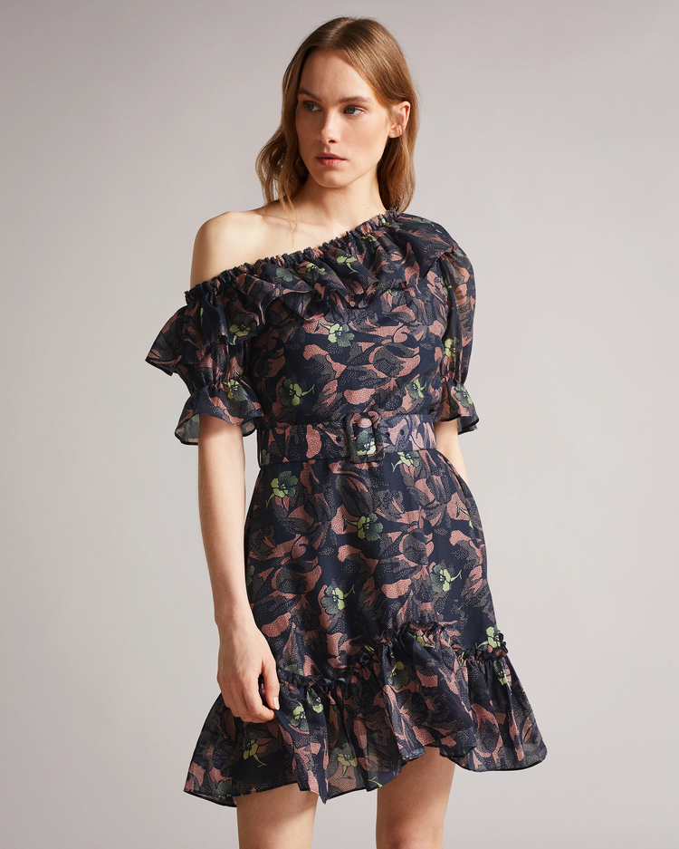 TED BAKER（テッドベーカー）｜ワンピース｜HAZPIN アシンメトリックショルダー ラッフル ミニドレス｜United ...